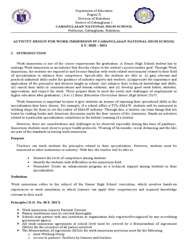 Work Immersion Activity Design Guide | PDF | Teachers | Curriculum