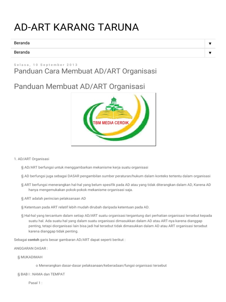 AD-ART KARANG TARUNA - Panduan Cara Membuat AD - ART Organisasi | PDF