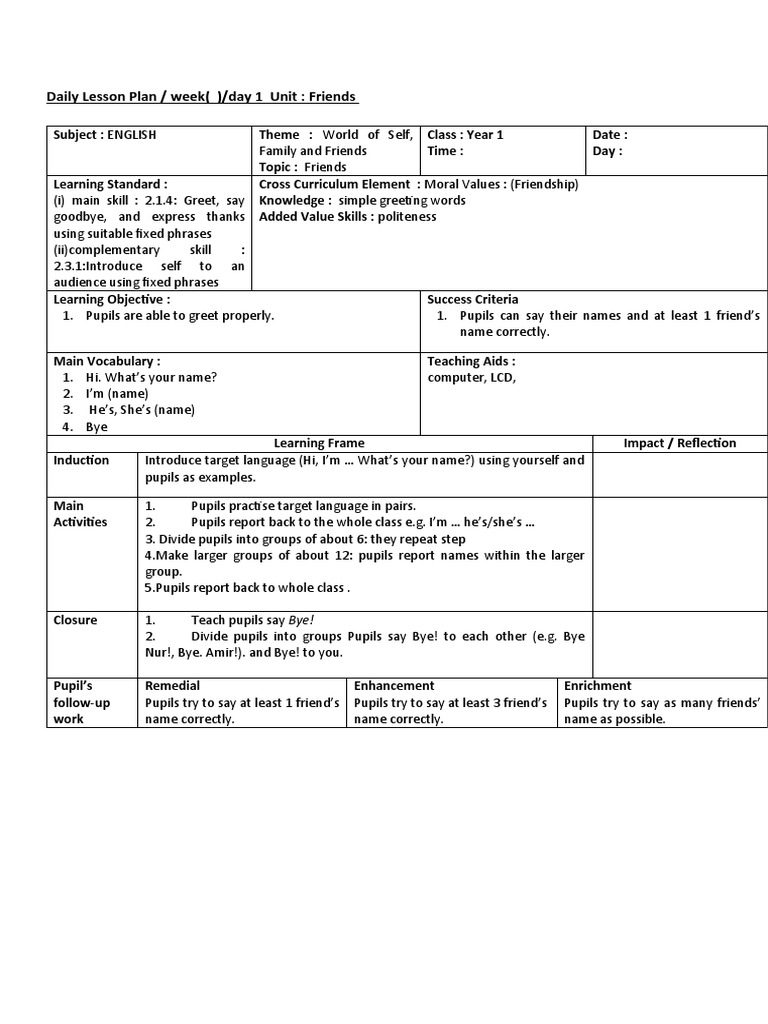 RPH Year 1 English Unit - Friends | PDF | Lesson Plan | English Language