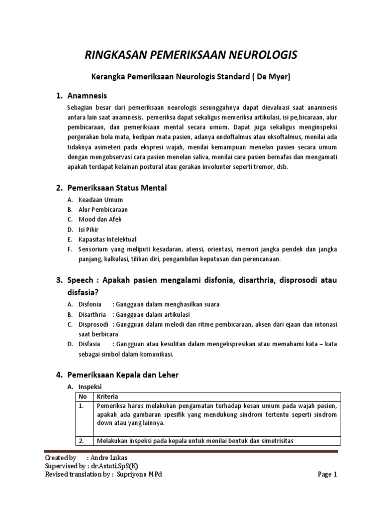 Kerangka Pemeriksaan Neurologis De Myer | PDF