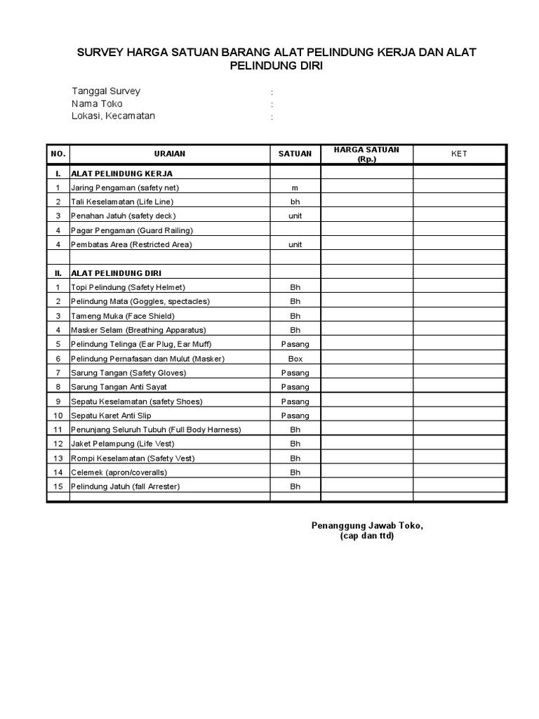 Survey Harga Satuan Barang Alat Pelindung Kerja Dan Alat Pelindung Diri ...