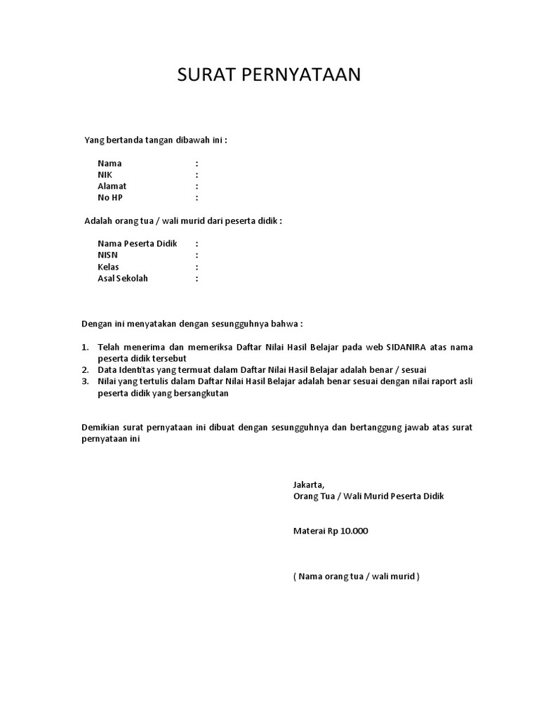Surat Pernyataan Sidanira 2021 | PDF