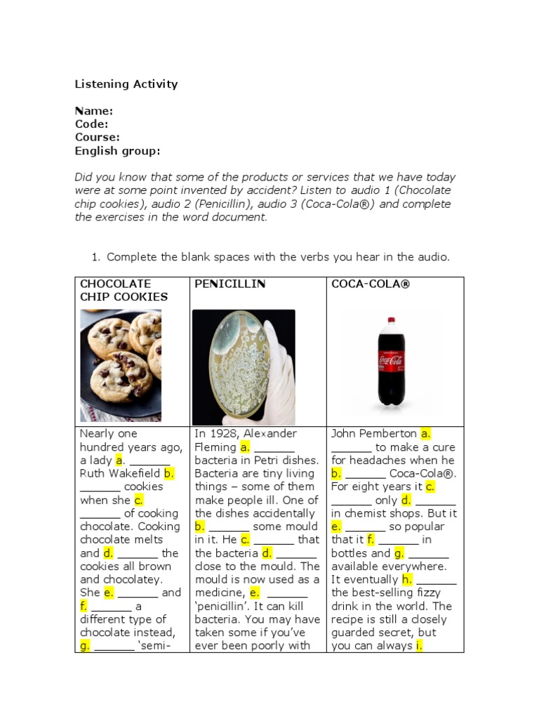 Listening Activity. EIII G1docx | PDF | Penicillin | Chocolate Chip