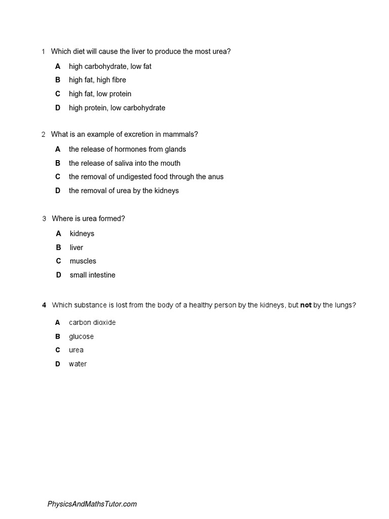 Excretion in Humans (Multiple Choice) QP | PDF | Kidney | Urine