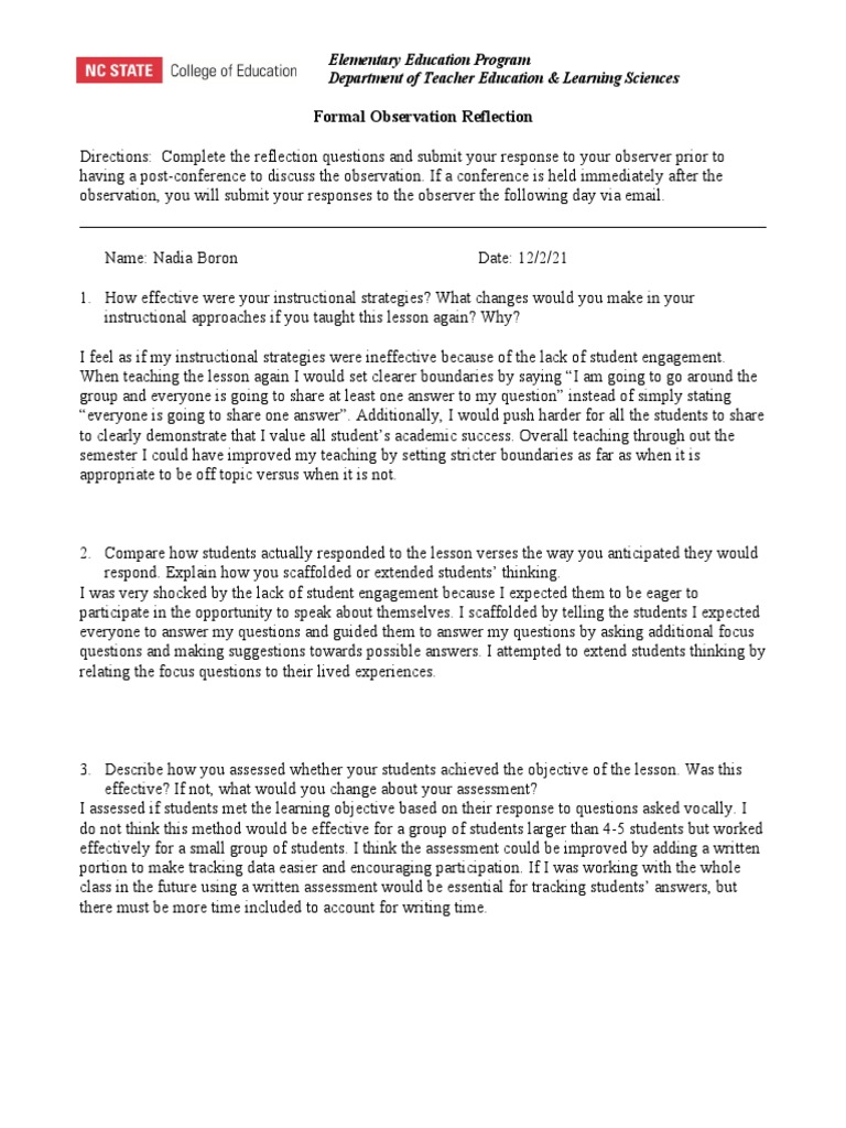 Elm 375 Formal Observation Reflection Boron Nadia | PDF | Question ...