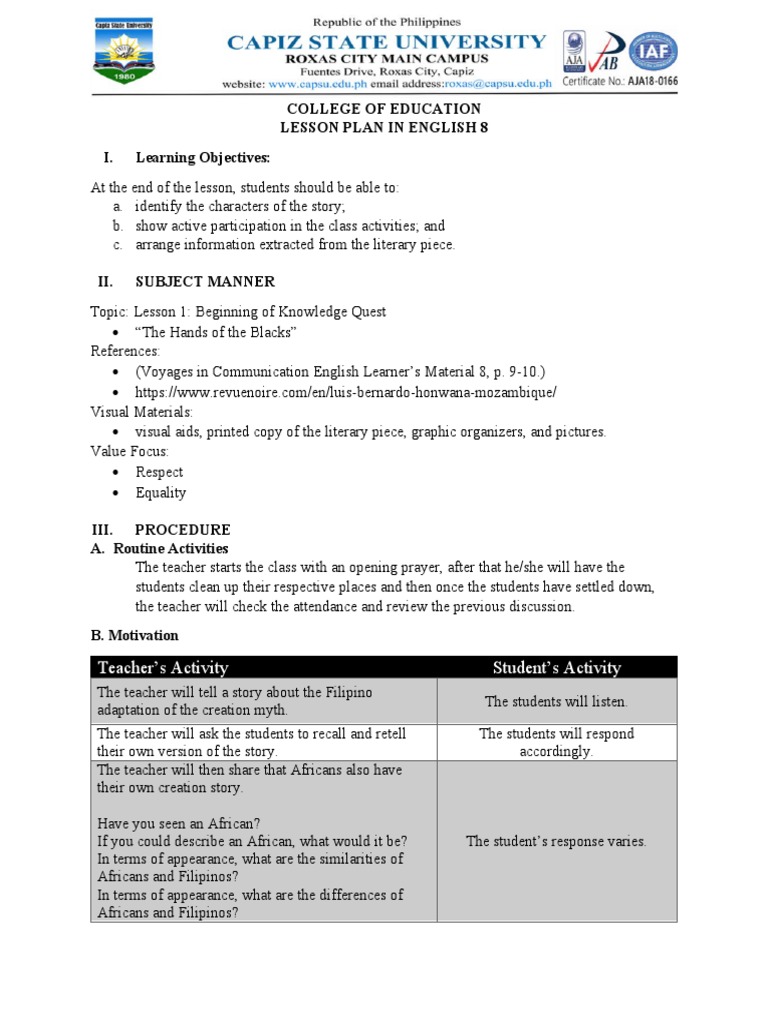 College of Education Lesson Plan in English 8 I. Learning Objectives ...