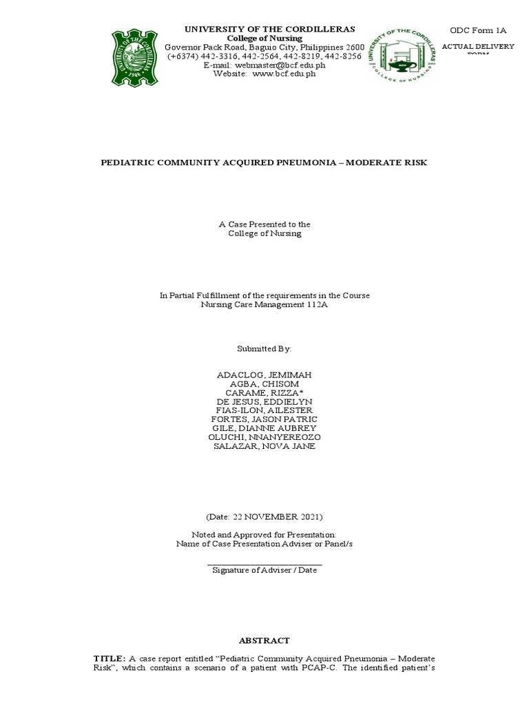 Pediatric Community Acquired Pneumonia - Moderate Risk: University of ...