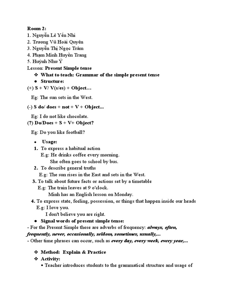 Activity - Present Simple Tense - Room 2 | PDF | Lunch | Dinner
