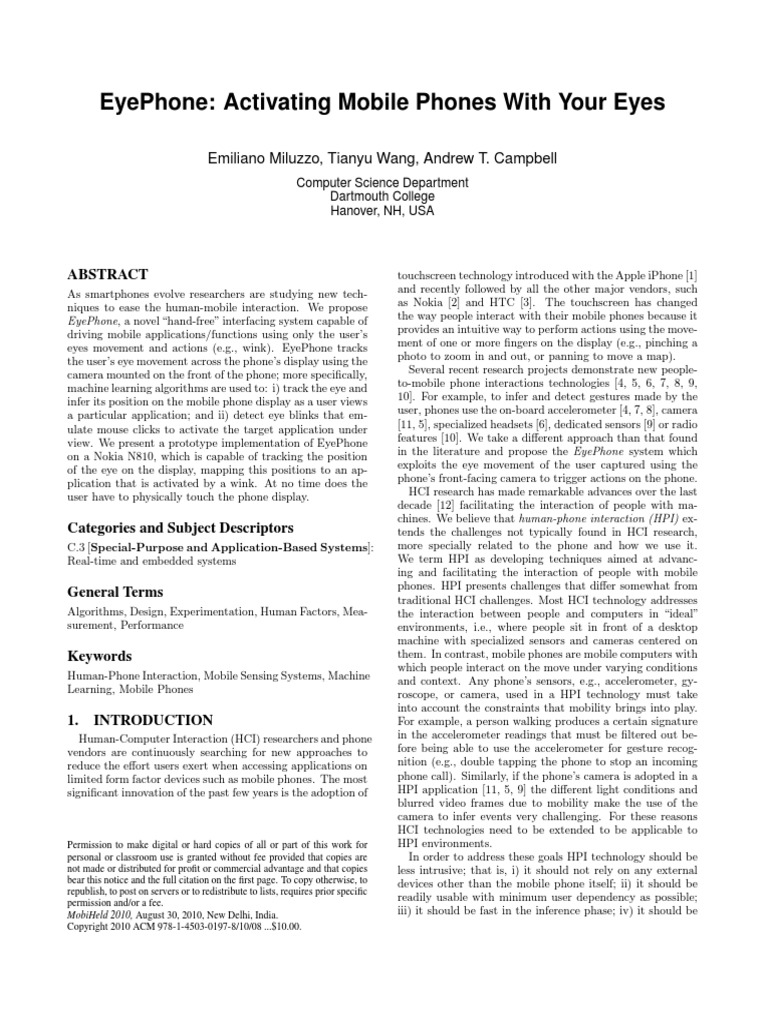 Eyephone: Activating Mobile Phones With Your Eyes: Emiliano Miluzzo ...