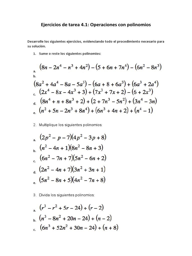 Ejercicios de Tarea 4.1 Operaciones Con Polinomios | PDF