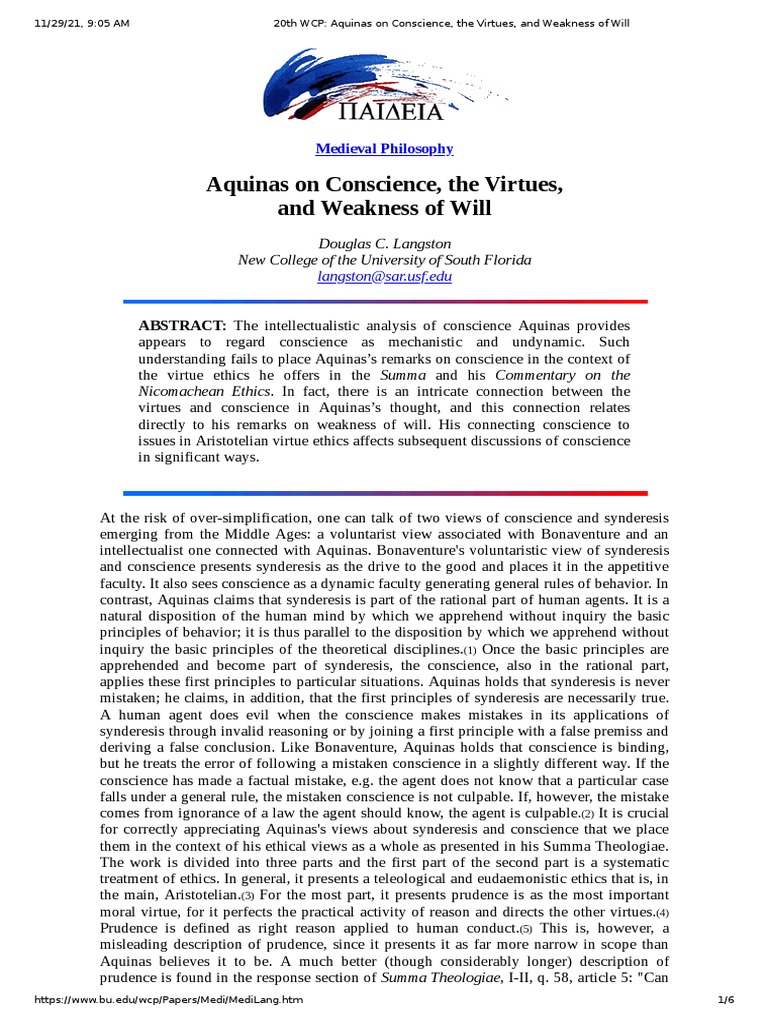 20th Wcp Aquinas On Conscience The Virtues And Weakness Of Will