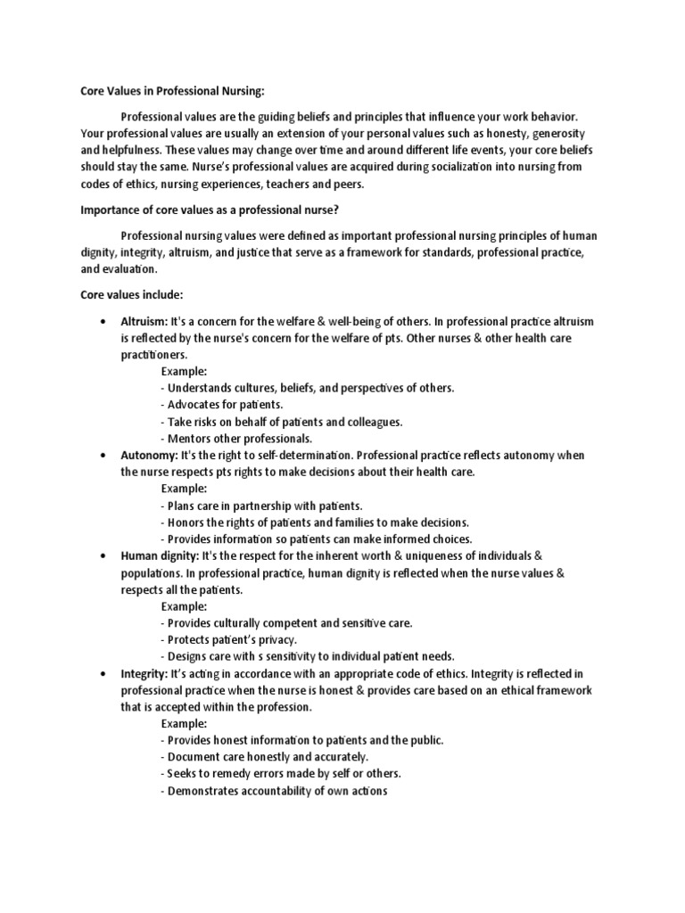 Core Values in Professional Nursing | PDF | Value (Ethics) | Autonomy