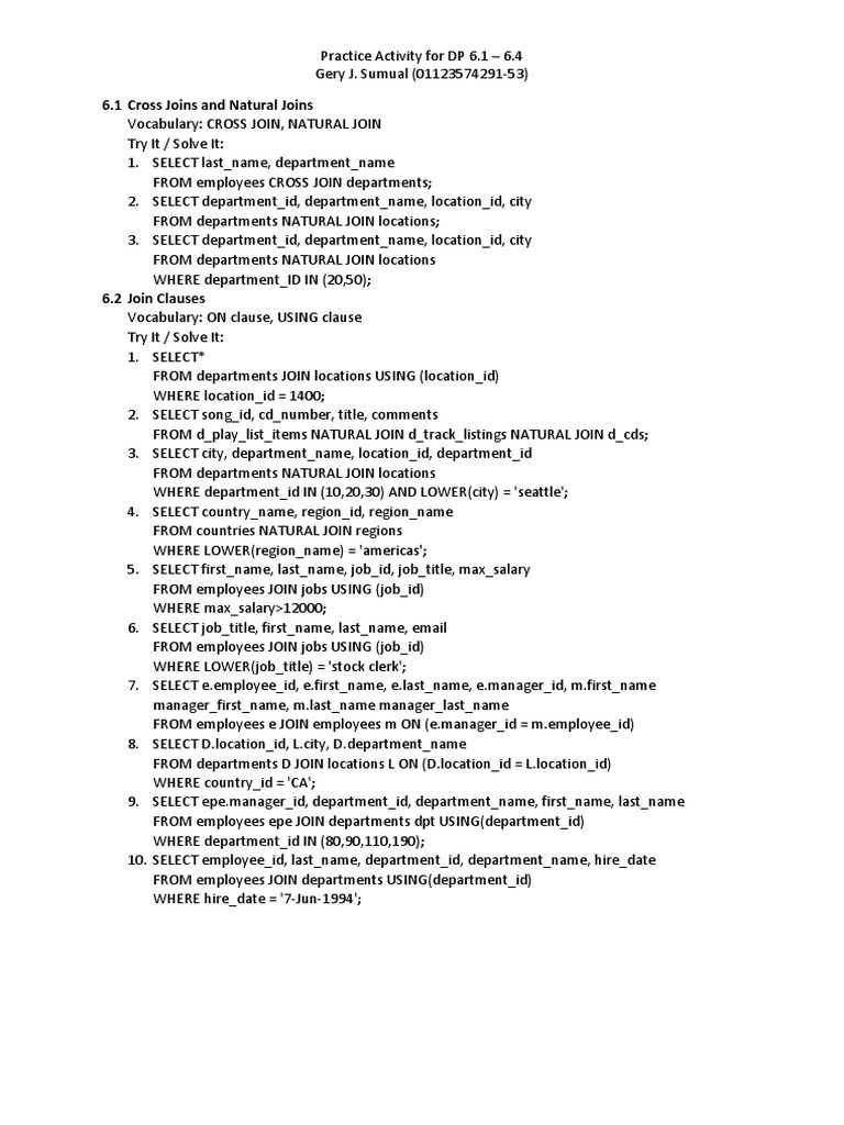 DP6 Practice Activities - Answers | PDF | Sql | Databases