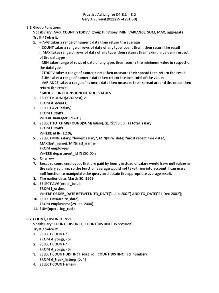 Analysis of SQL Functions and Aggregate Functions Practice Activity ...