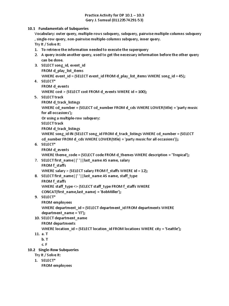 DP10 Practice Activities - Answers | PDF | Data Management | Databases
