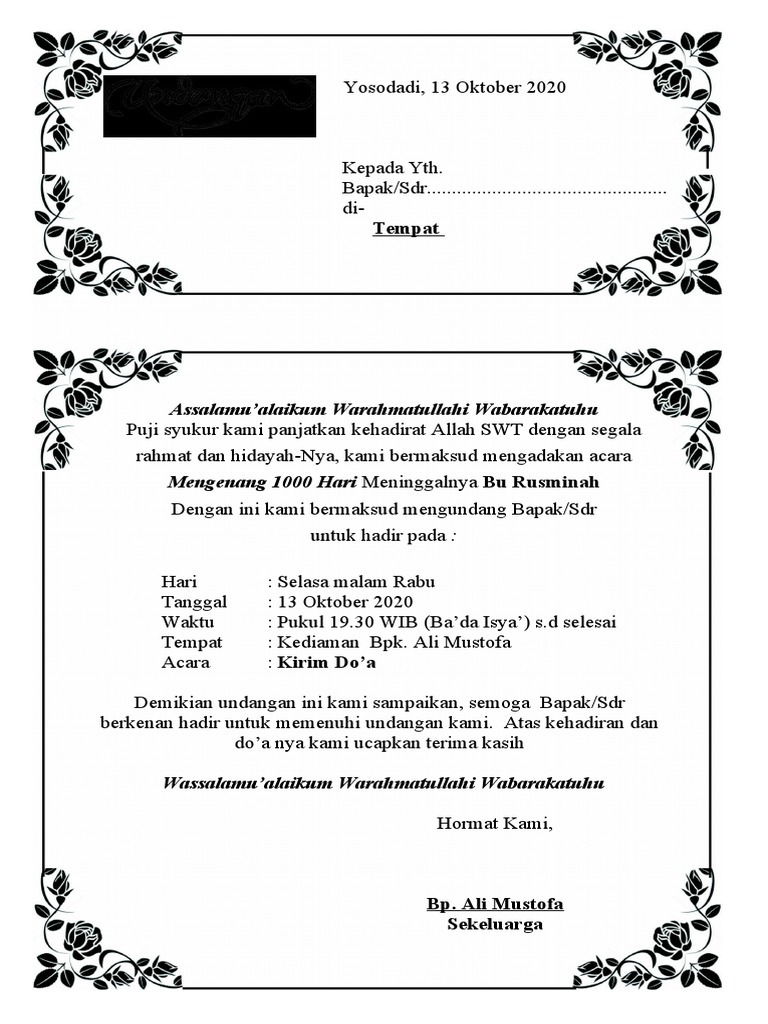 Undangan Yasinan Dan Kirim Doa 1000 HARI | PDF | Memasak, Makanan, & Anggur