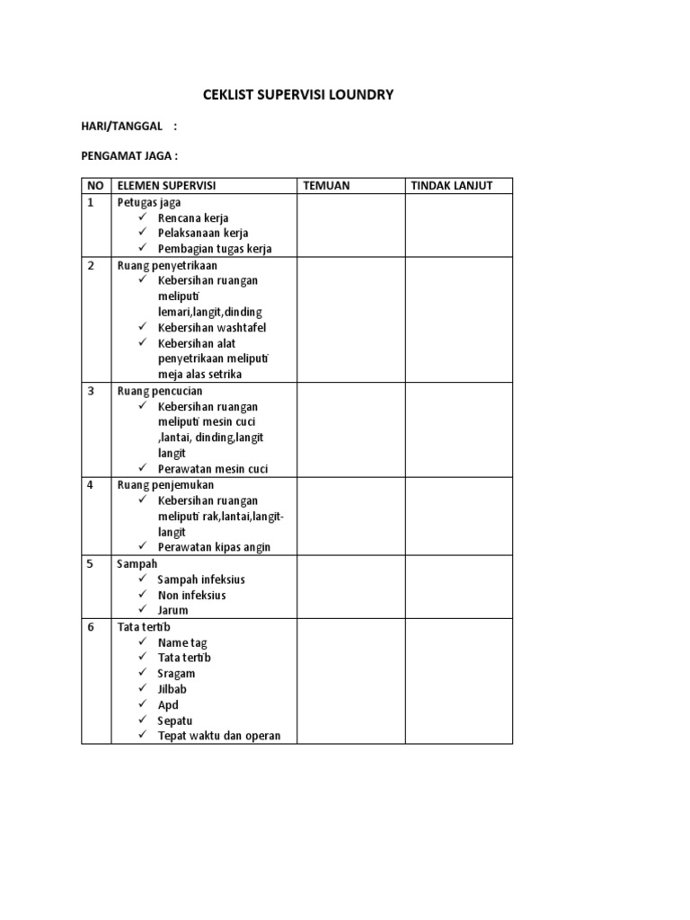 Ceklist Supervisi Loundry | PDF