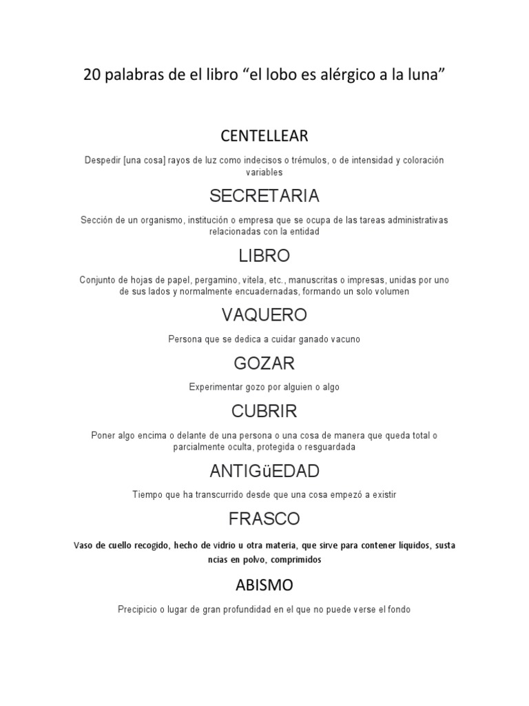 20 palabras del libro "El lobo y la luna" | PDF