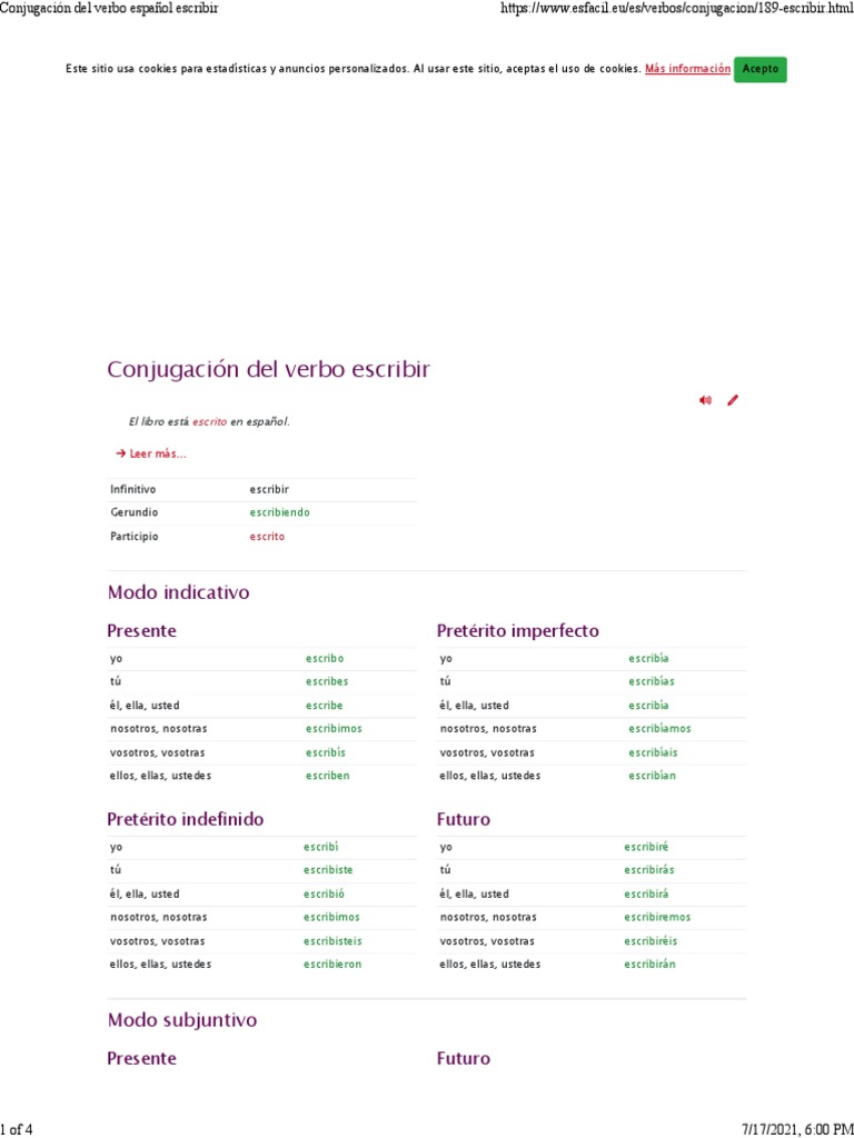 Conjugación Del Verbo Escribir | PDF | Verbo | Conjugación gramatical