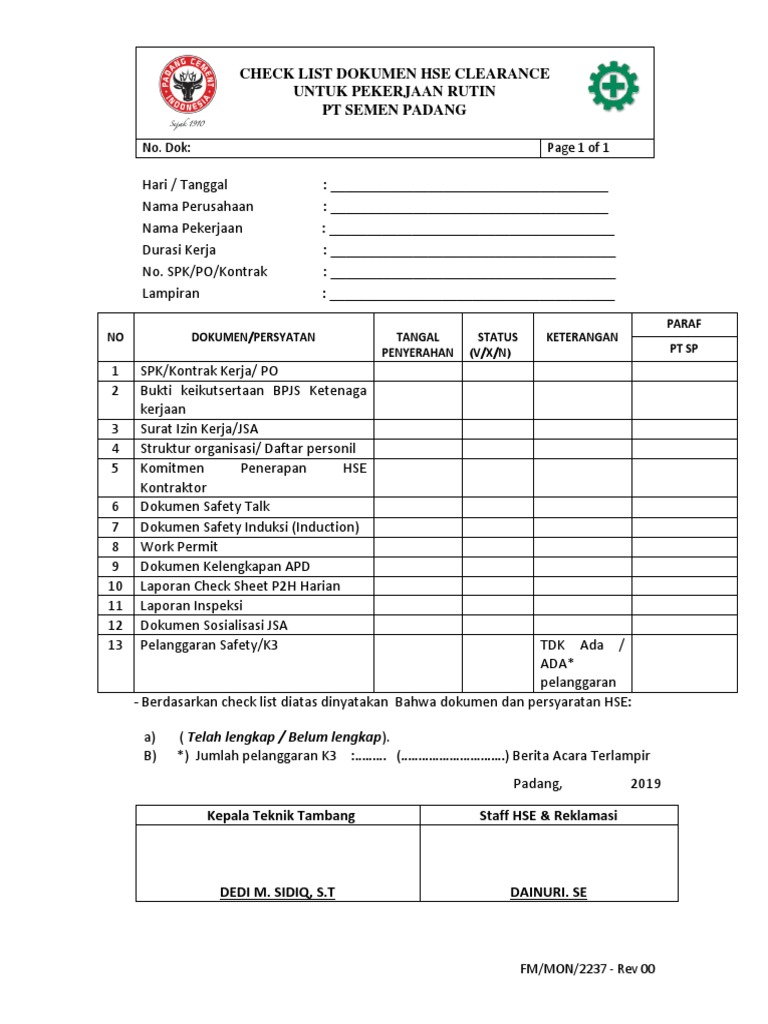 Check List - PJO Rutin | PDF