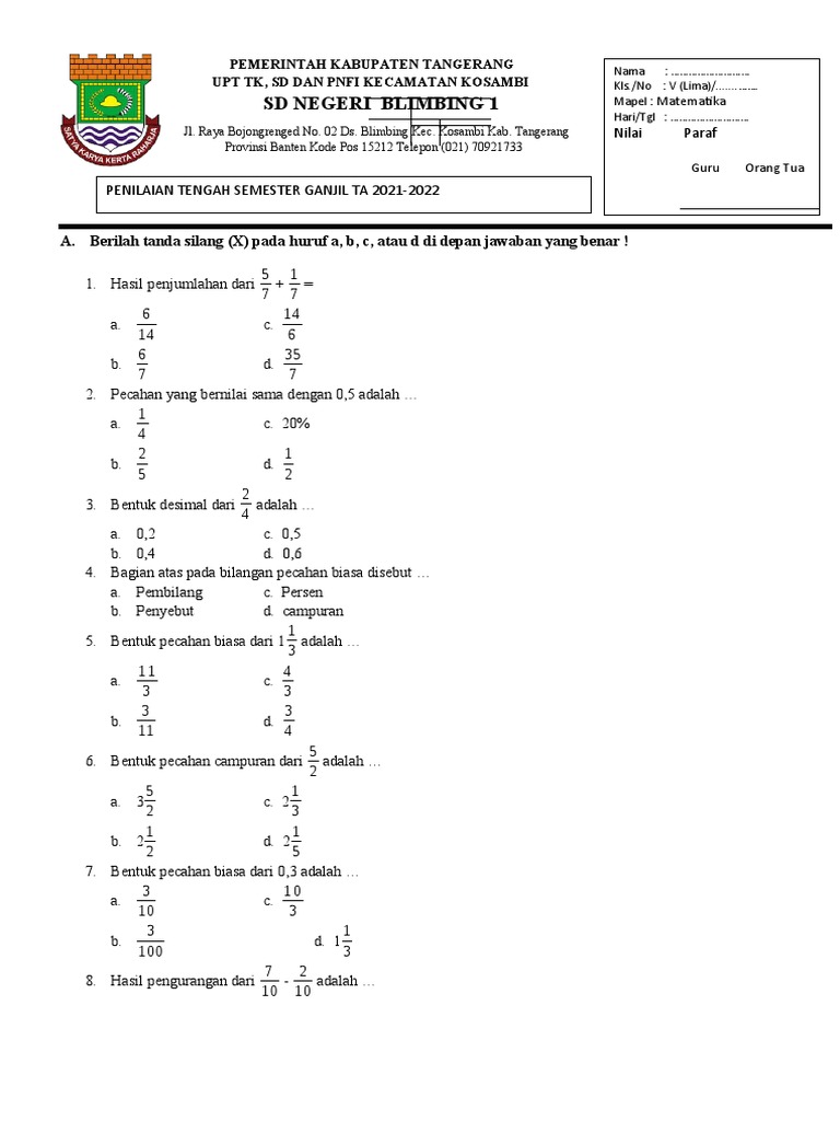 Soal Matematika Kelas 5 Pecahan | PDF | Metode & Bahan Ajar