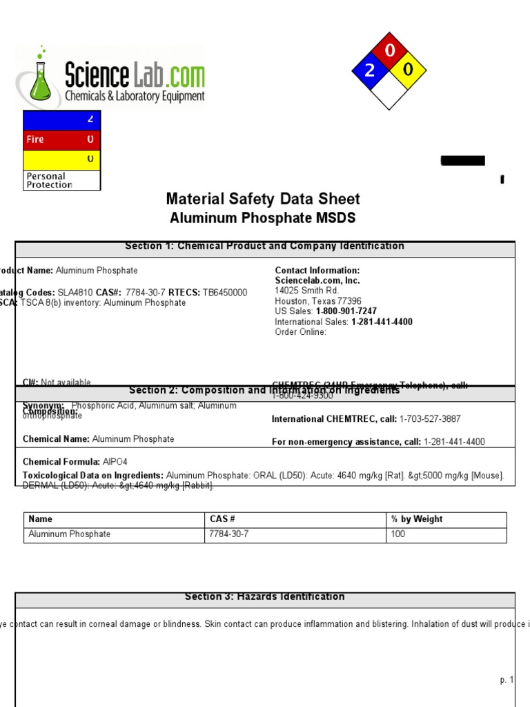 Material Safety Data Sheet: Aluminum Phosphate MSDS | PDF | Toxicity ...