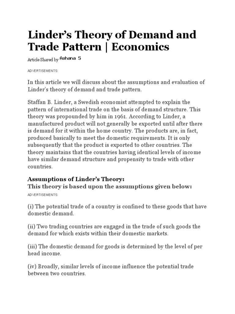Linder's Theory of Demand and Trade Pattern - Economics | PDF ...