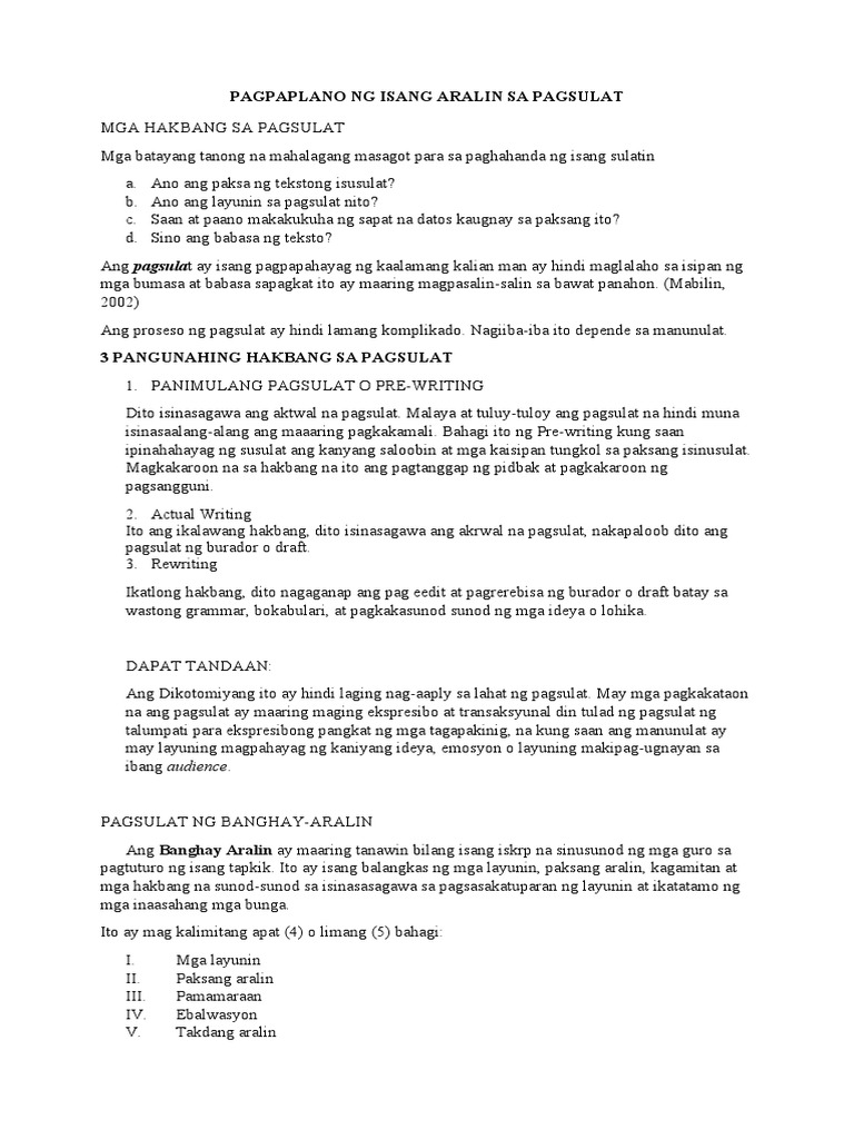 Pagpaplano NG Isang Aralin Sa Pagsulat | PDF