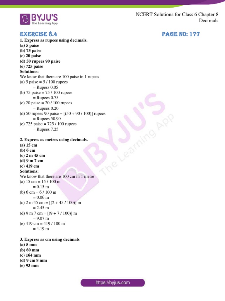 NCERT Solutions For Class 6 Maths Chapter 8 Decimals Exercise 8.4 | PDF