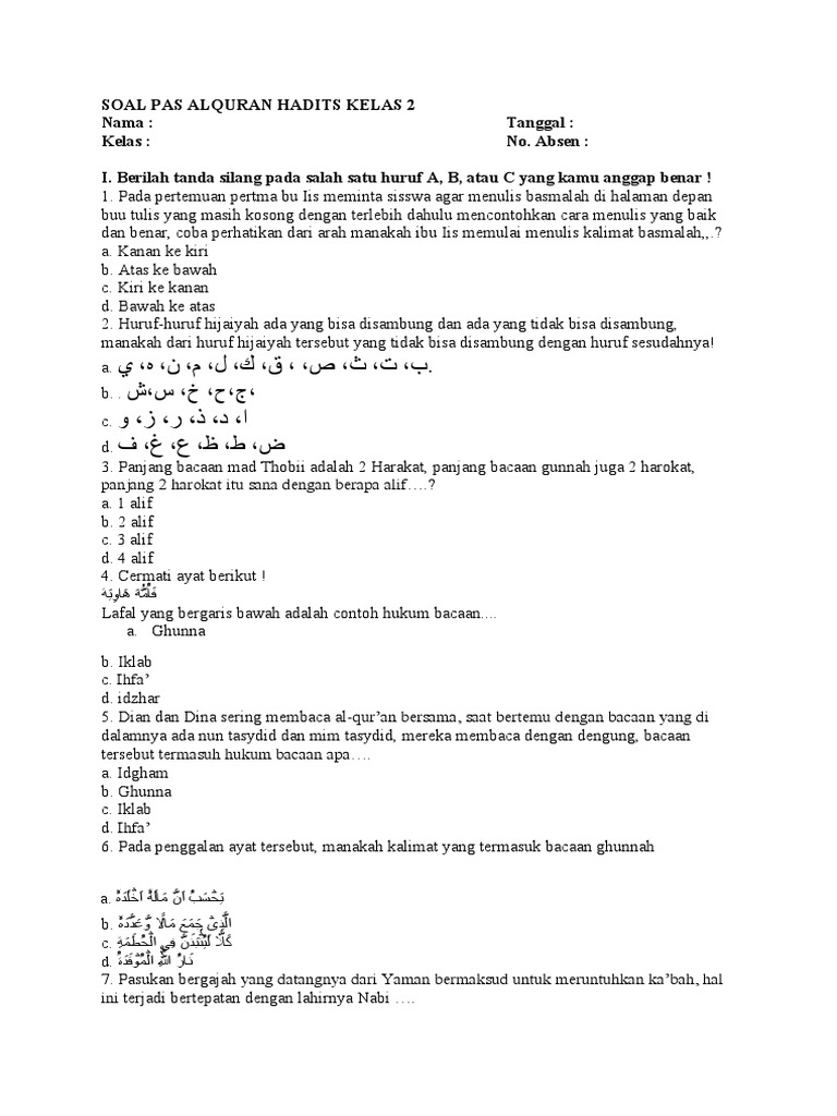 Soal Pas Alquran Hadits Kelas 2 Semester 1 Pdf