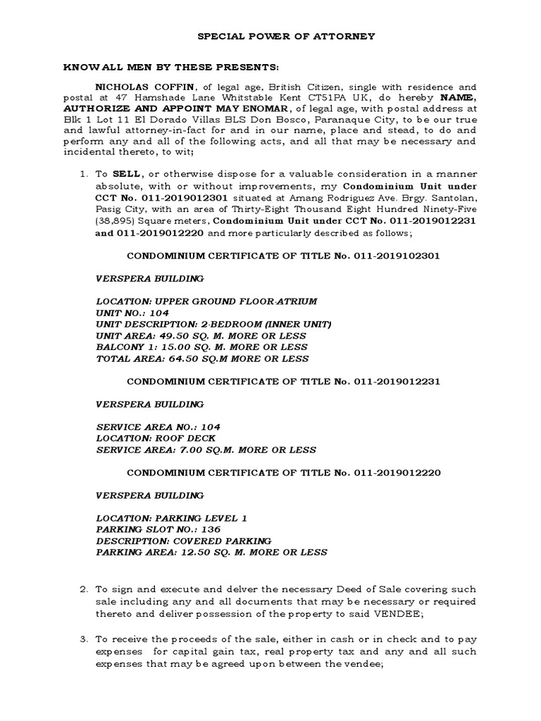Special Power of Attorney To Sell | PDF | Power Of Attorney | Property Law
