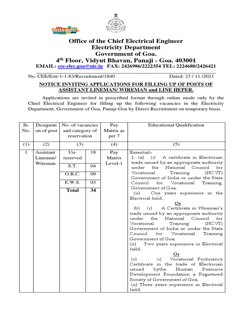 Goa Electricity Department Recruitment 2021: 334 Wireman/ Lineman and ...