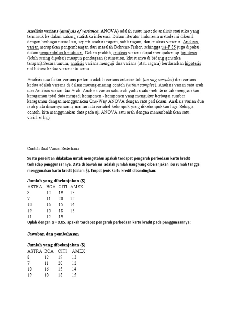 Analisis Varians: Metode dan Contoh | PDF