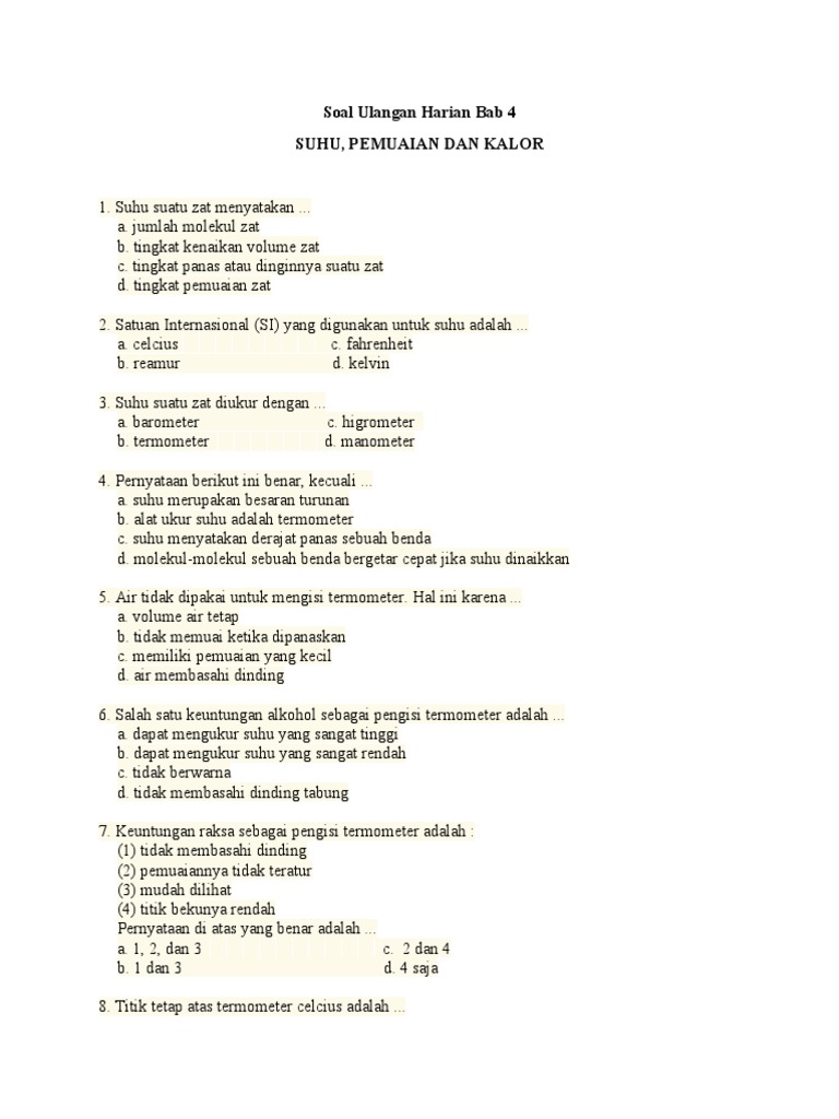 Soal Ulangan Harian Bab 4 Suhu, Pemuaian, Dan Kalor Kunci Jawaban | PDF