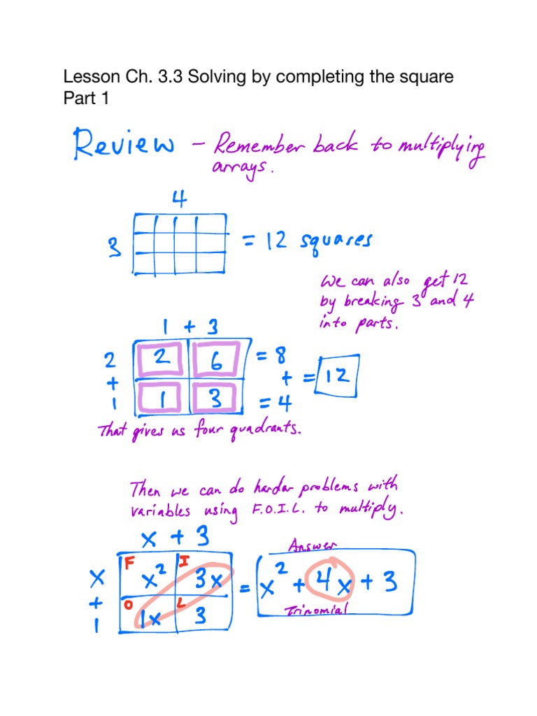 Notes Ch. 3.3 Completing The Square Part 1 | PDF