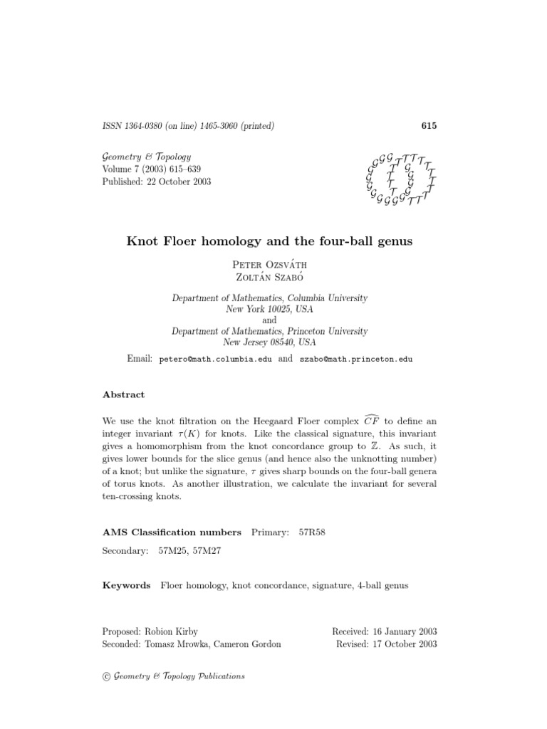 Knot Floer Homology and The Four Ball Genus | PDF | Algebraic Topology ...