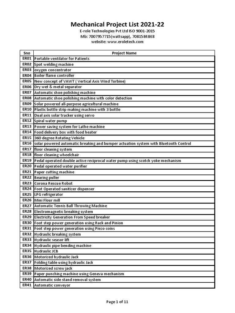 Mechanical Project List 2021-22: E-Role Technologies PVT LTD ISO 9001 ...