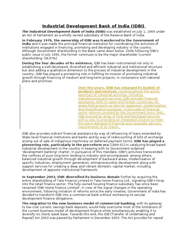 Industrial Development Bank of India (IDBI) | PDF | Reserve Bank Of ...