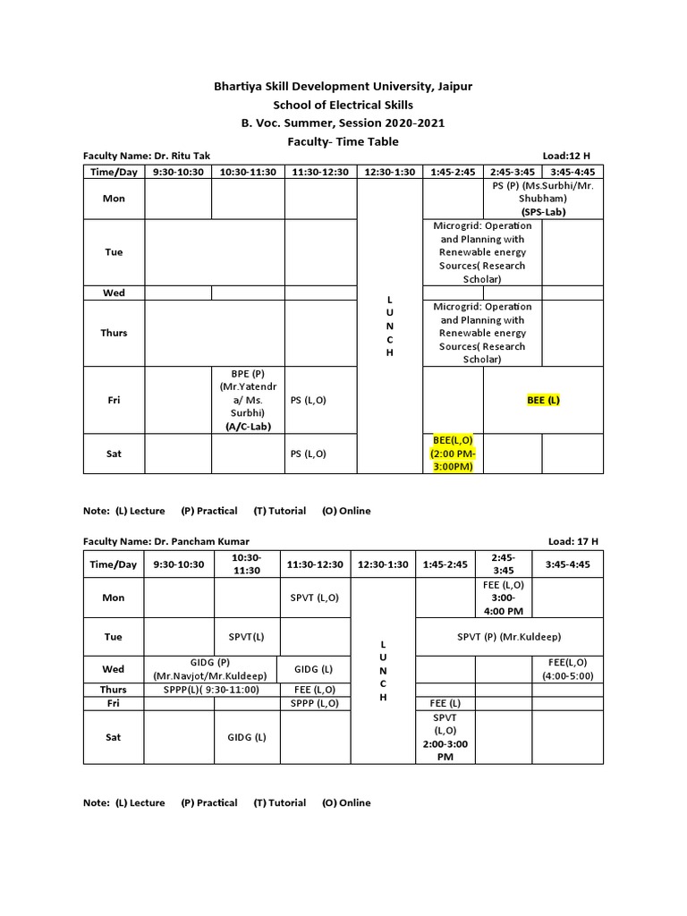 Faculty Timetable: Electrical Skills | PDF | Academia | Teaching