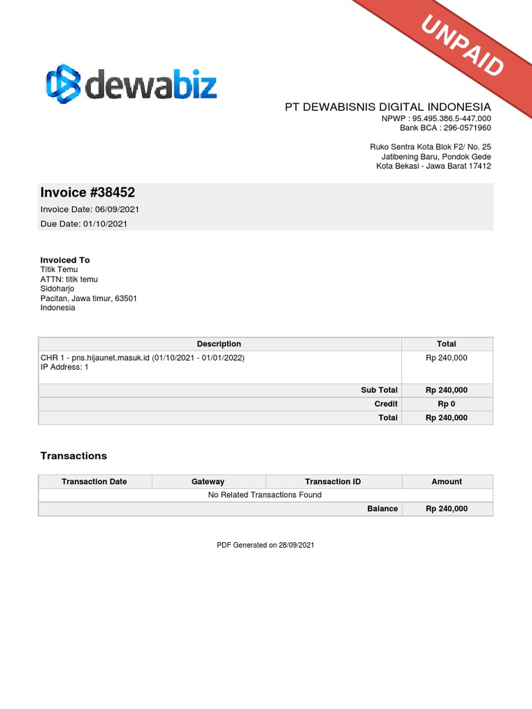 Invoice #38452 for PT Dewabisnis Digital | PDF