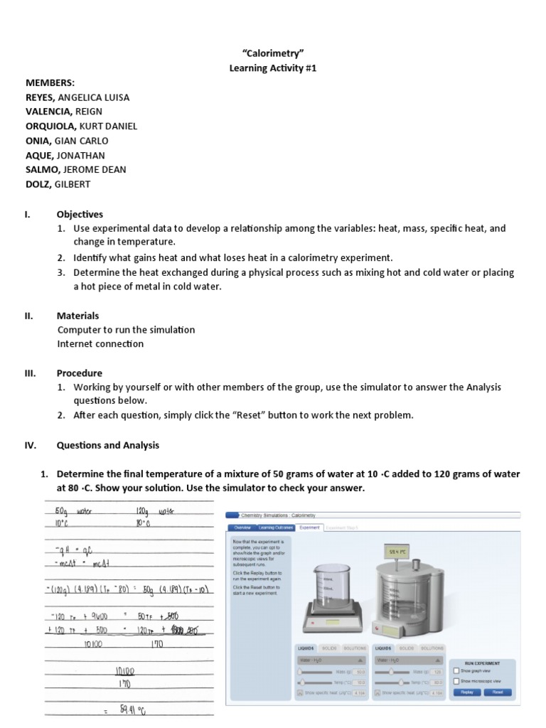 Learning Activity 1 Calorimetry | PDF | Heat | Mole (Unit)