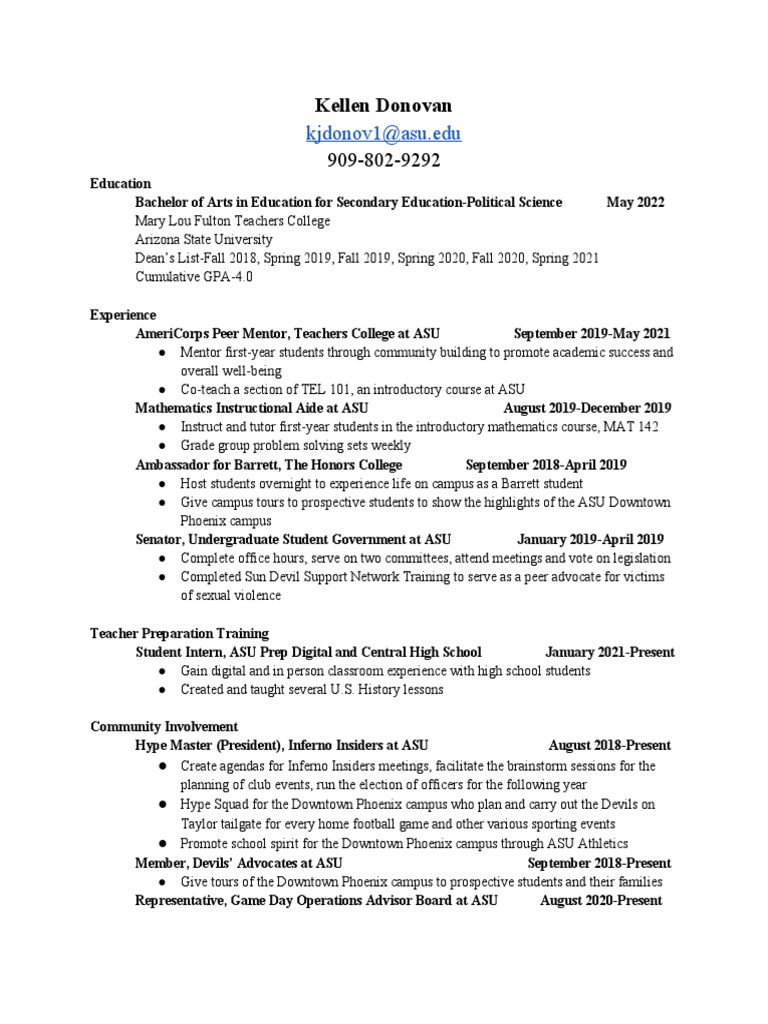 Kellen Donovan-Resume | PDF | Arizona State University