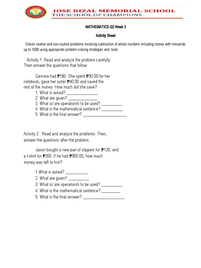 Q2 Week 3 Math Activity Sheet | PDF | Career & Growth