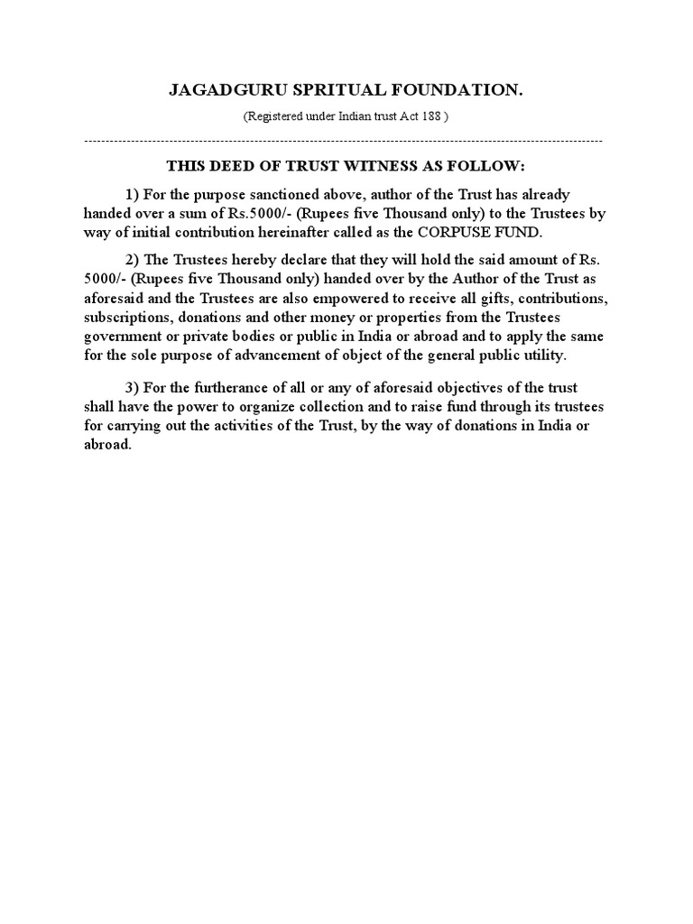 Spritual Trust Deed | PDF | Trust Law | Taxes