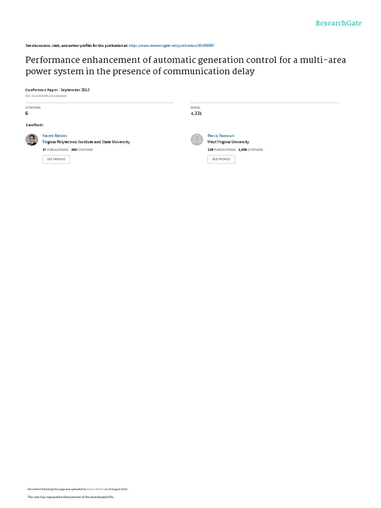 Performance Enhancement Of Automatic Generation Control For A Multi Area Power System In The