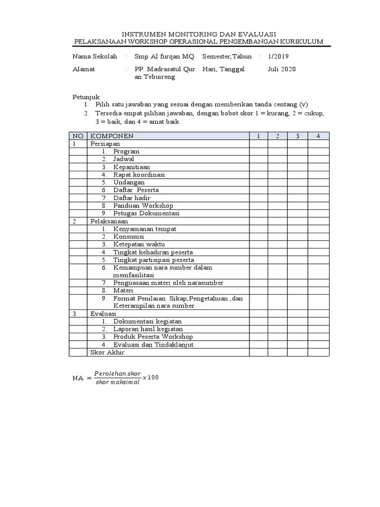 Instrumen Monev Workshop | PDF