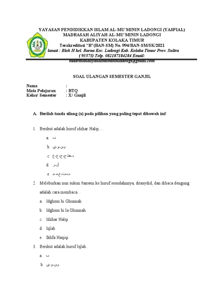 SOAL BTQ KELAS X SEMESTER 1-Dikonversi | PDF