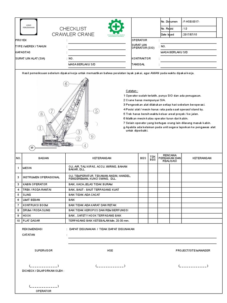 Form Checklist Inspeksi Crawler Crane | PDF
