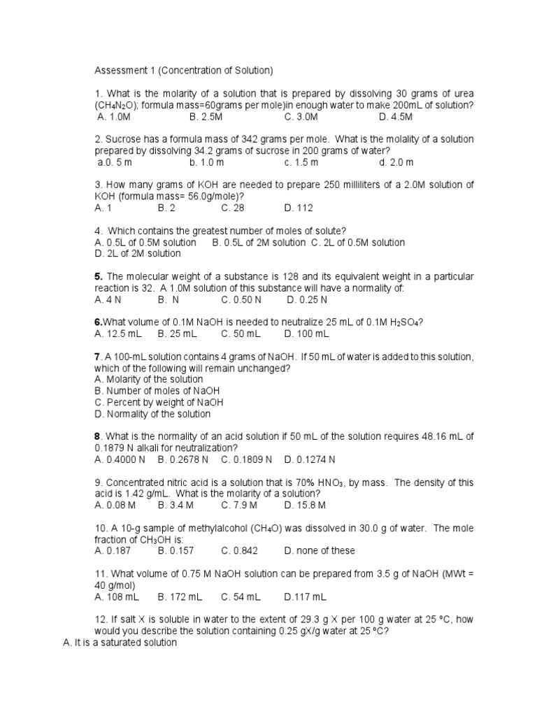 Assessment 6 (Concentration of Solution) | PDF | Concentration | Mole ...