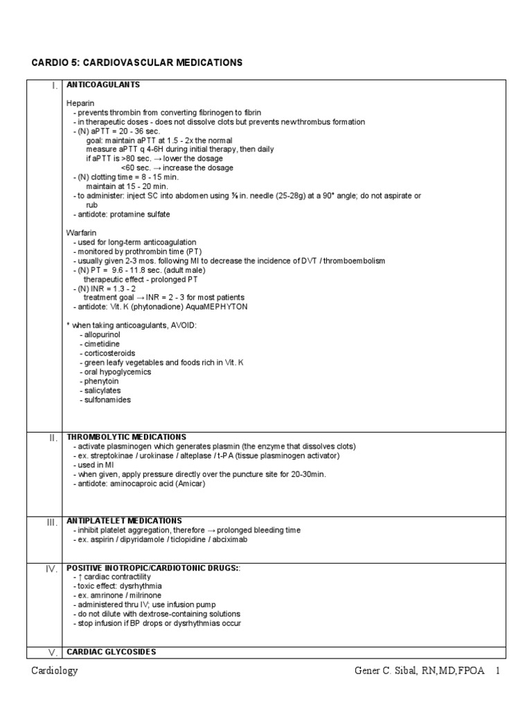 Cardiovascular Medications Overview | PDF | Blood Type | Thrombus